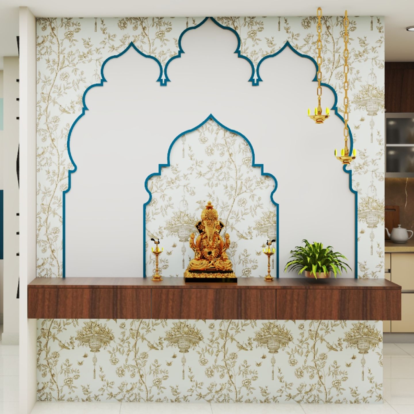 Patterned Wall Traditional Spacious Pooja Room Design with Blue Border ...