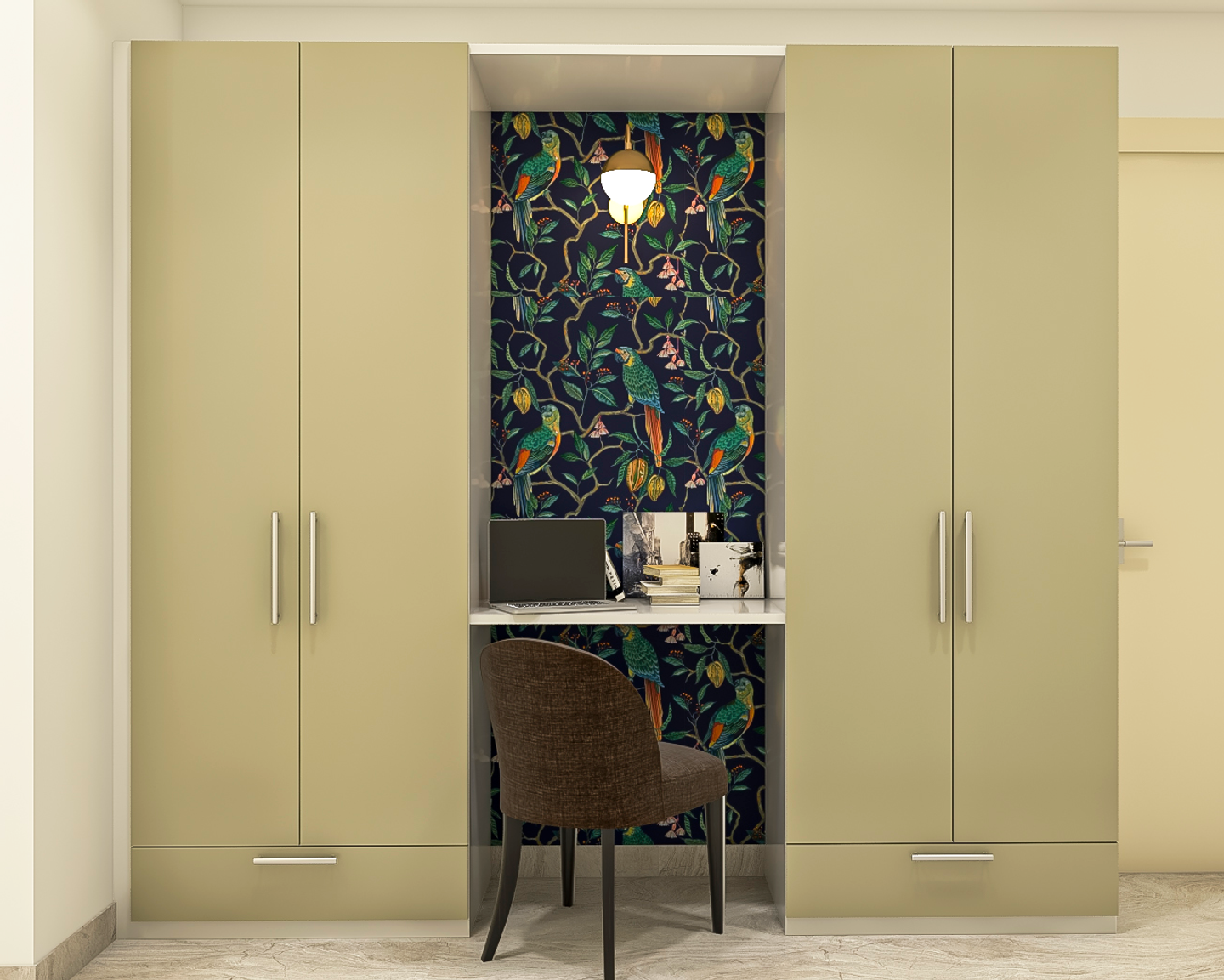 Contemporary Wardrobe with Bright Wallpaper and Study | Livspace