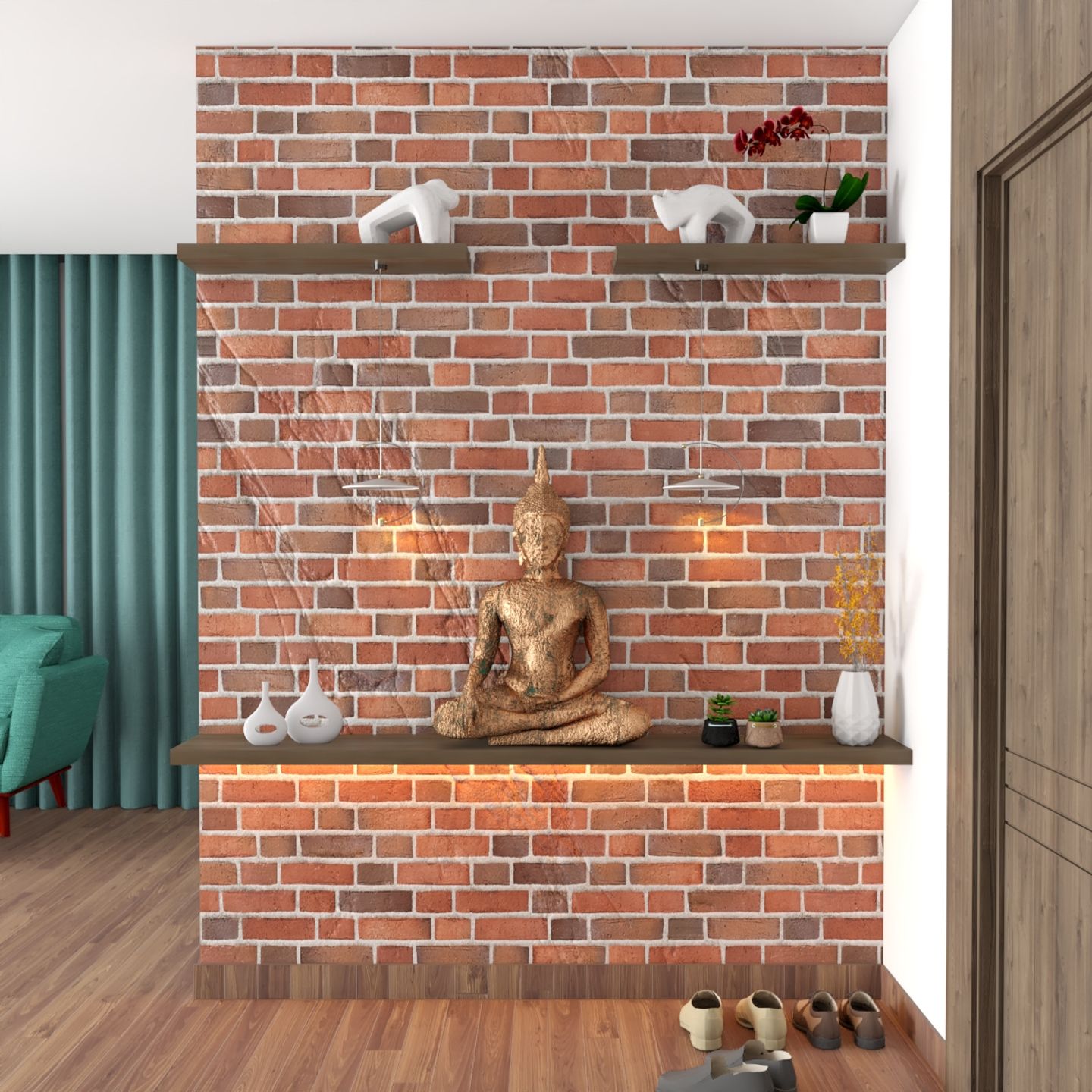 Modern Brick Themed Foyer Design With Shelf | Livspace