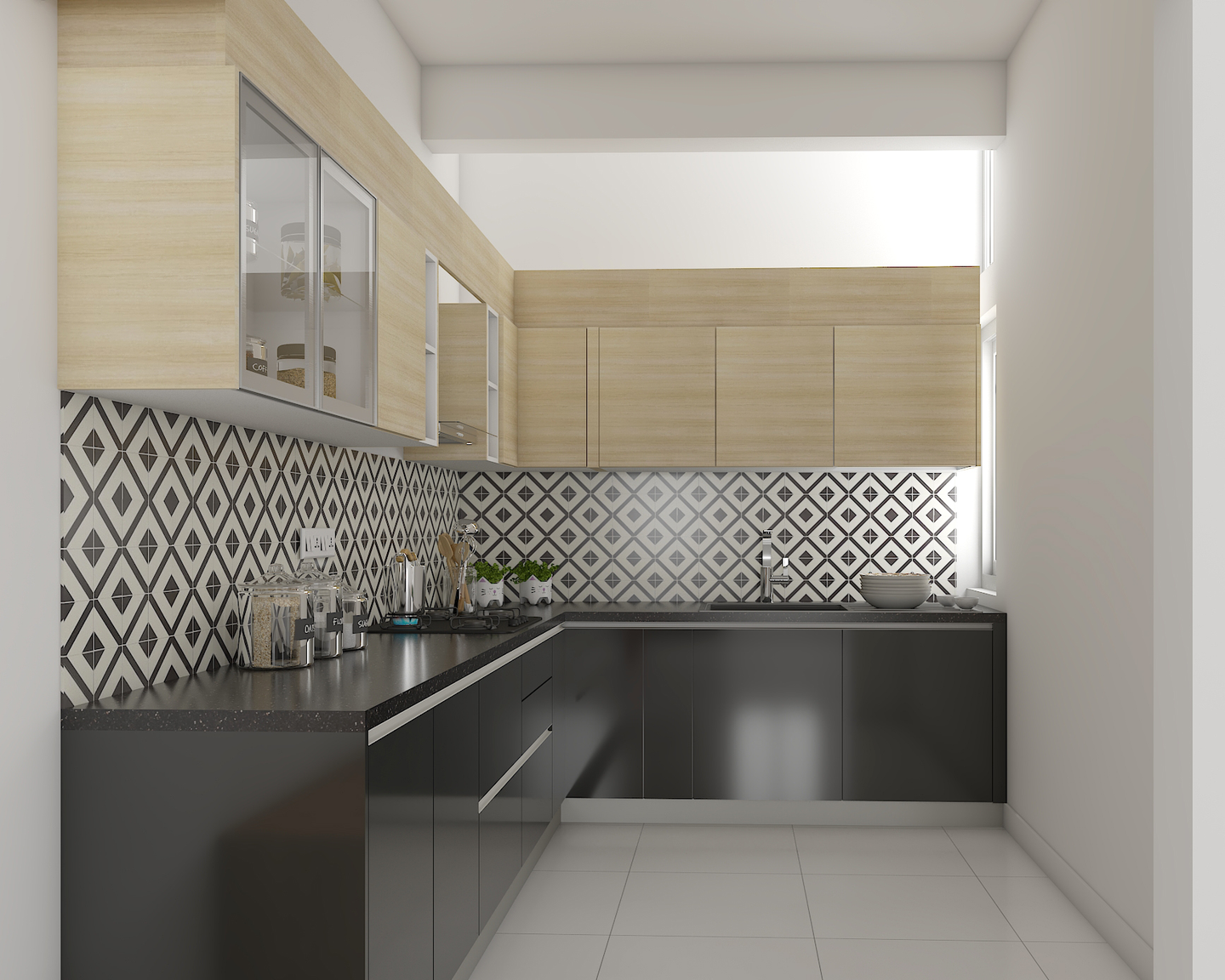 Black And Wood Spacious L-Shaped Kitchen Design | Livspace