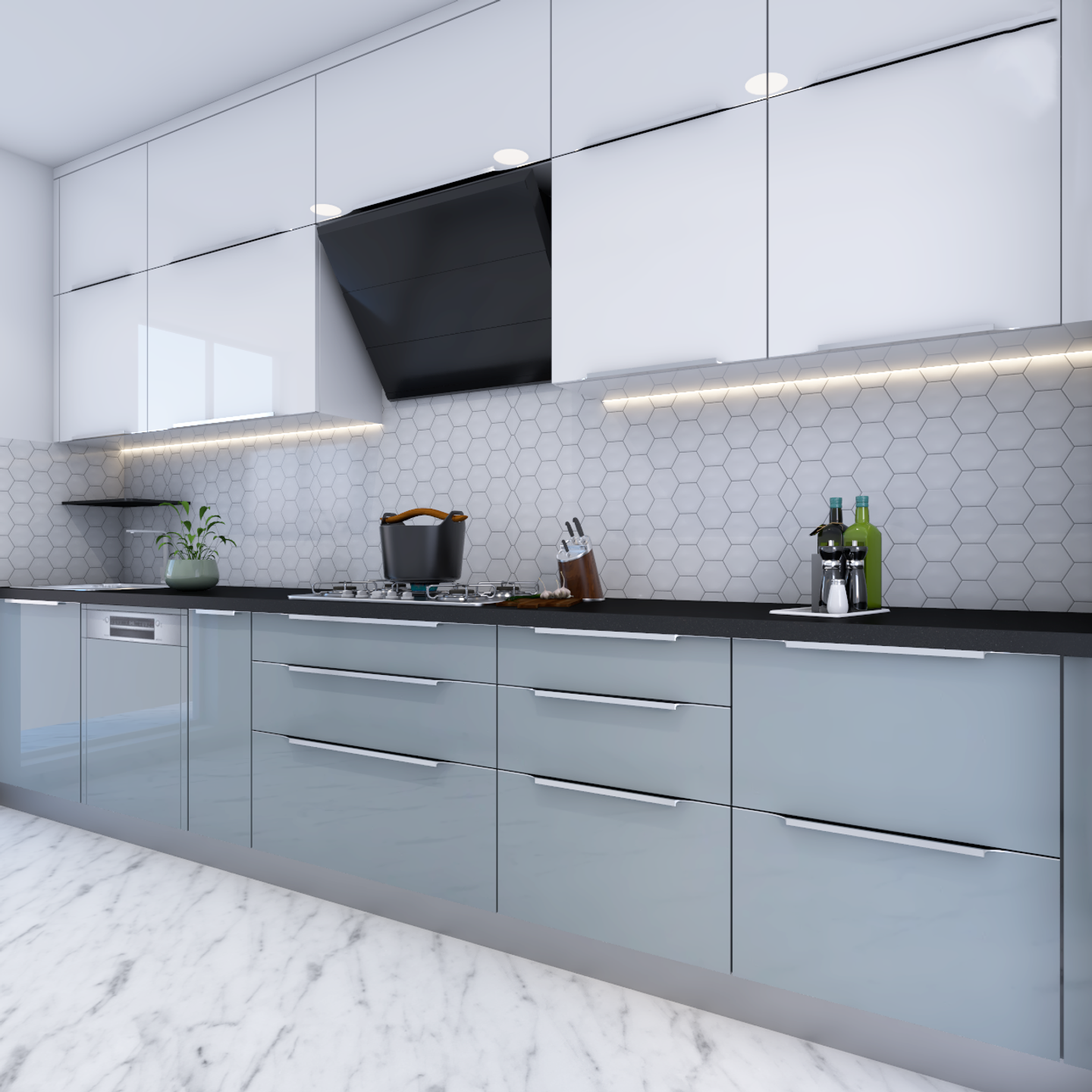 Spacious Kitchen Design In White And Grey | Livspace