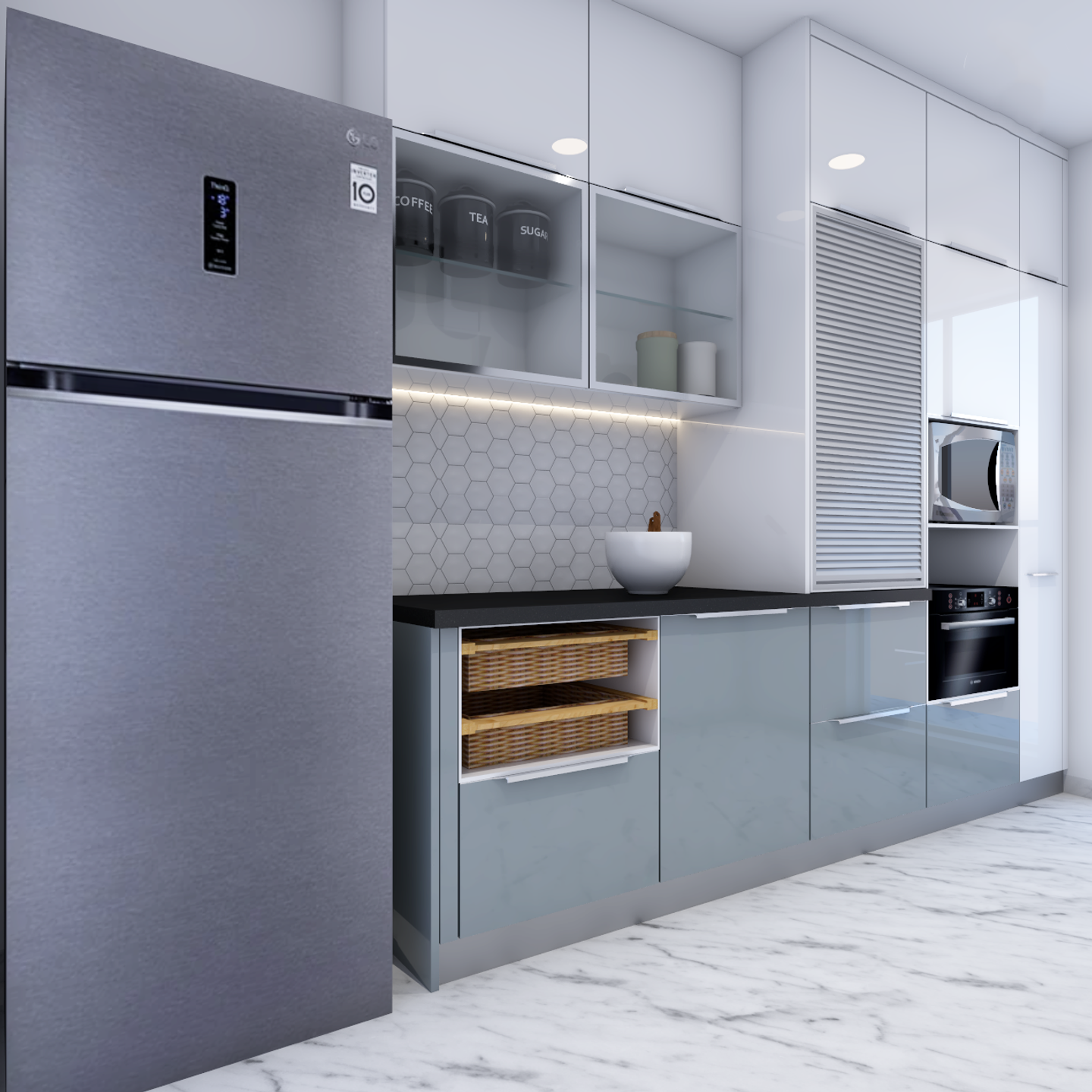 Spacious Kitchen Design In White And Grey | Livspace