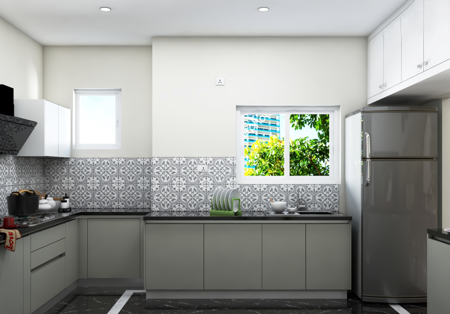 Grey Spacious Kitchen Design With Loft Units | Livspace