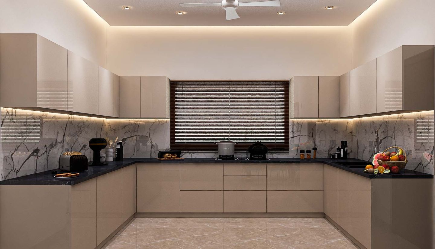 Contemporary Kitchen Design With Pastel Palette And Marble Finish | Livspace