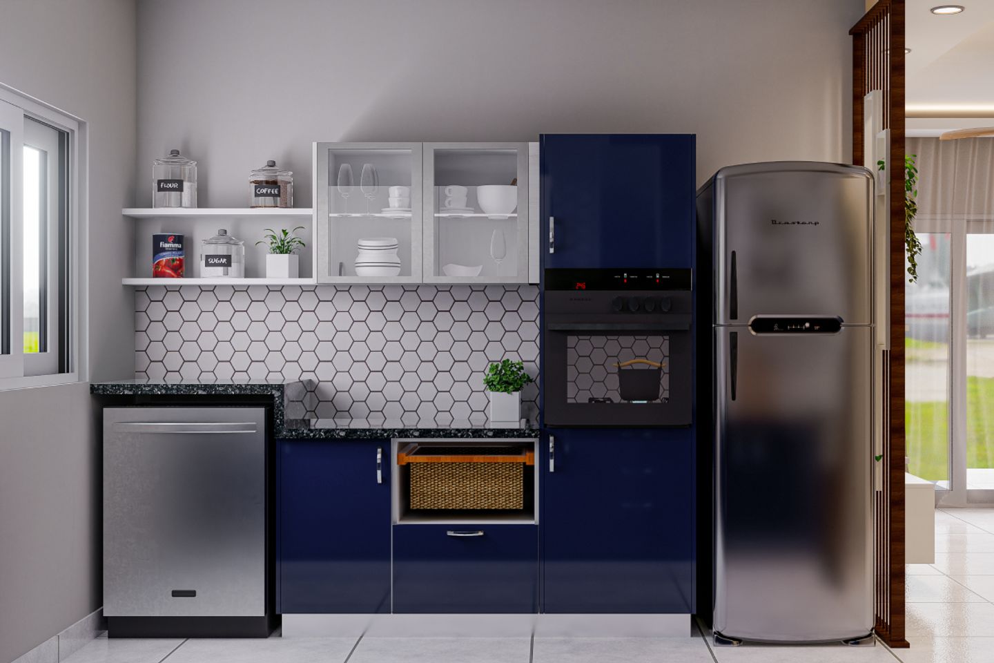 Contemporary Dark Blue Kitchen Design With Honeycomb Patterned Tiles ...