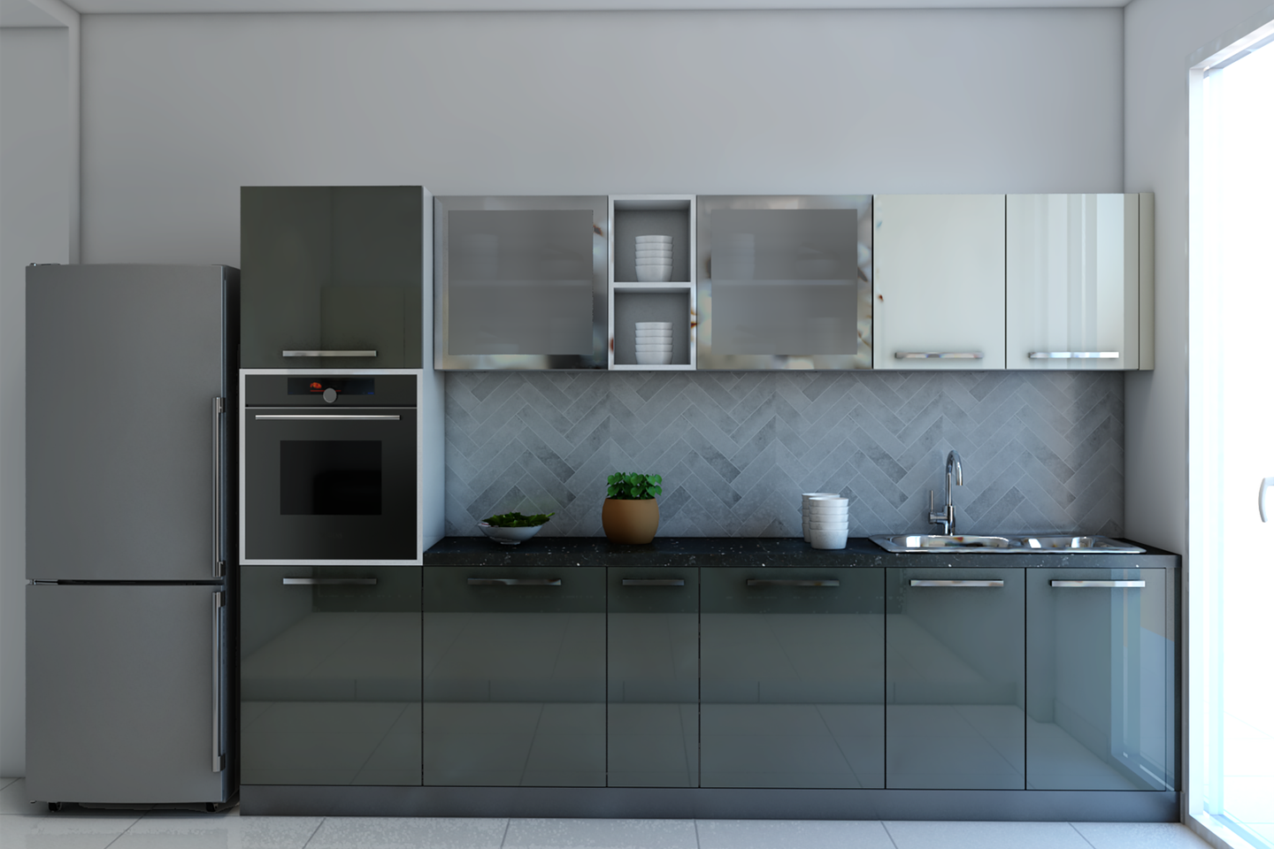 Modern Spacious Kitchen With Monochromatic Laminates | Livspace