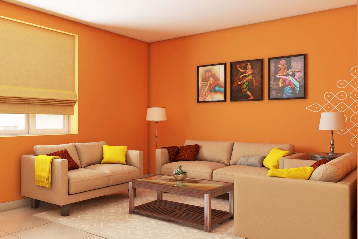 Modern Living Room with Vibrant Orange Coloured Walls and Kolam Design ...