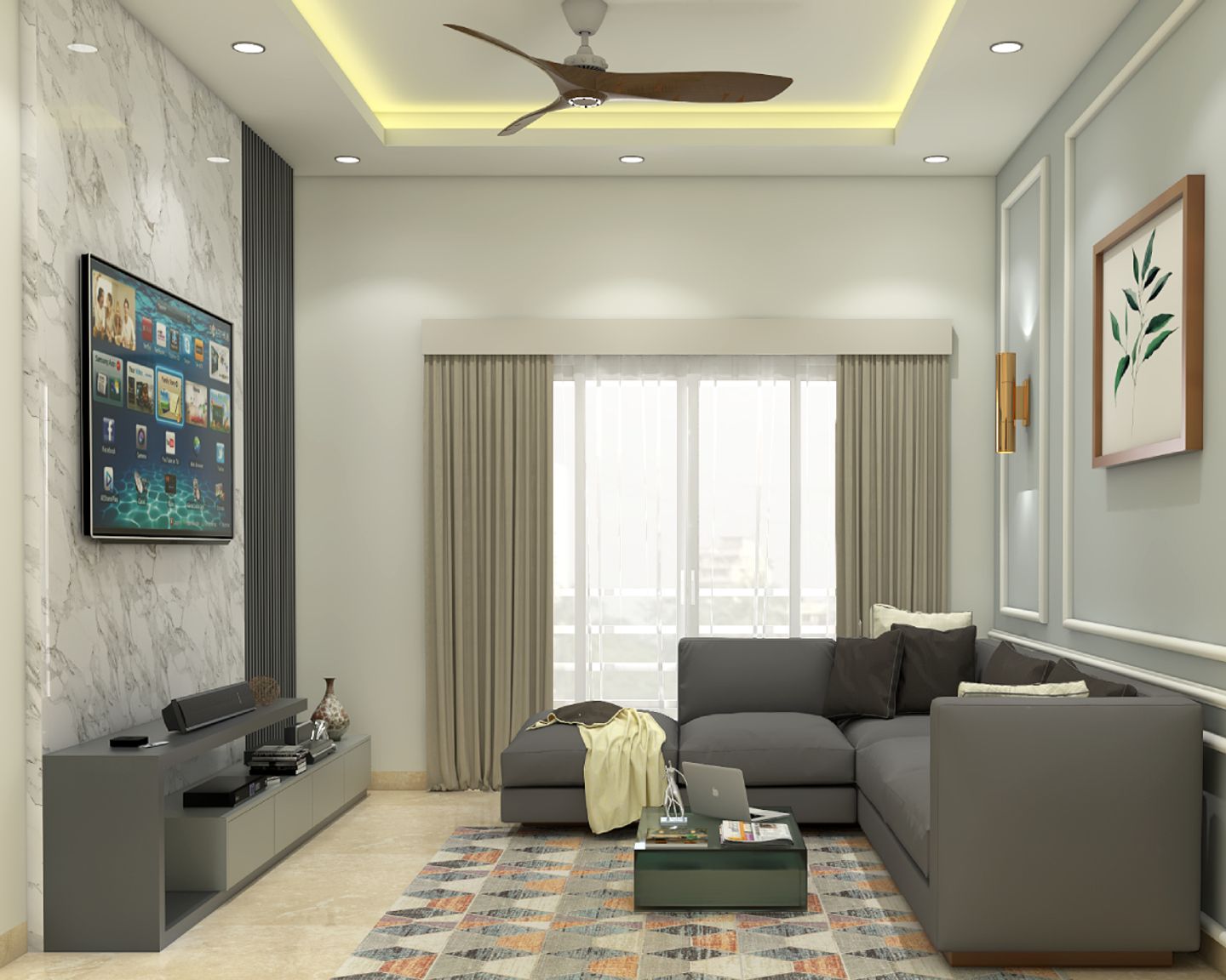 Modern Living Room Design With Golden Fixtures | Livspace