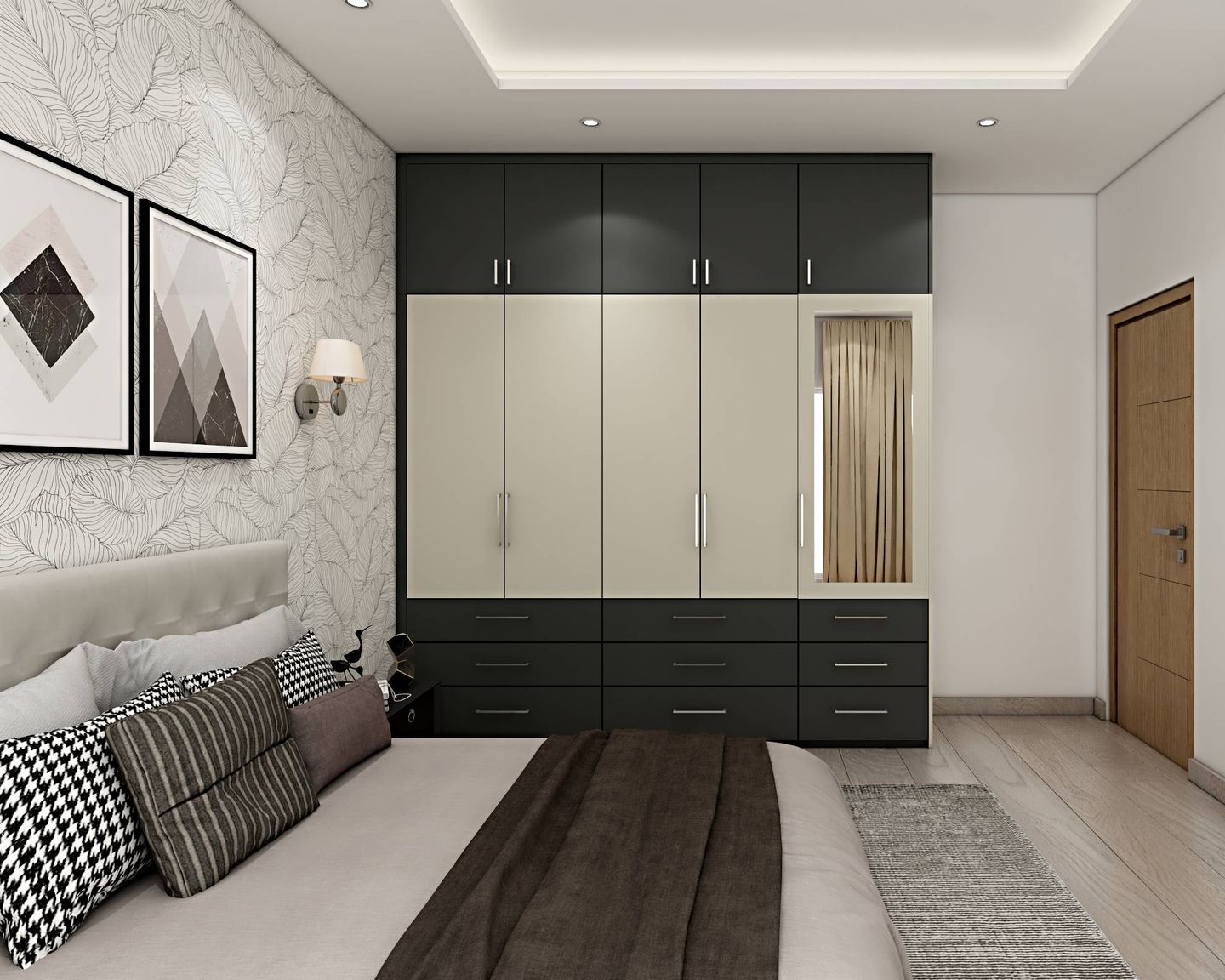 Master Bedroom Design With Light Grey Tufted Bed & Wardrobe | Livspace