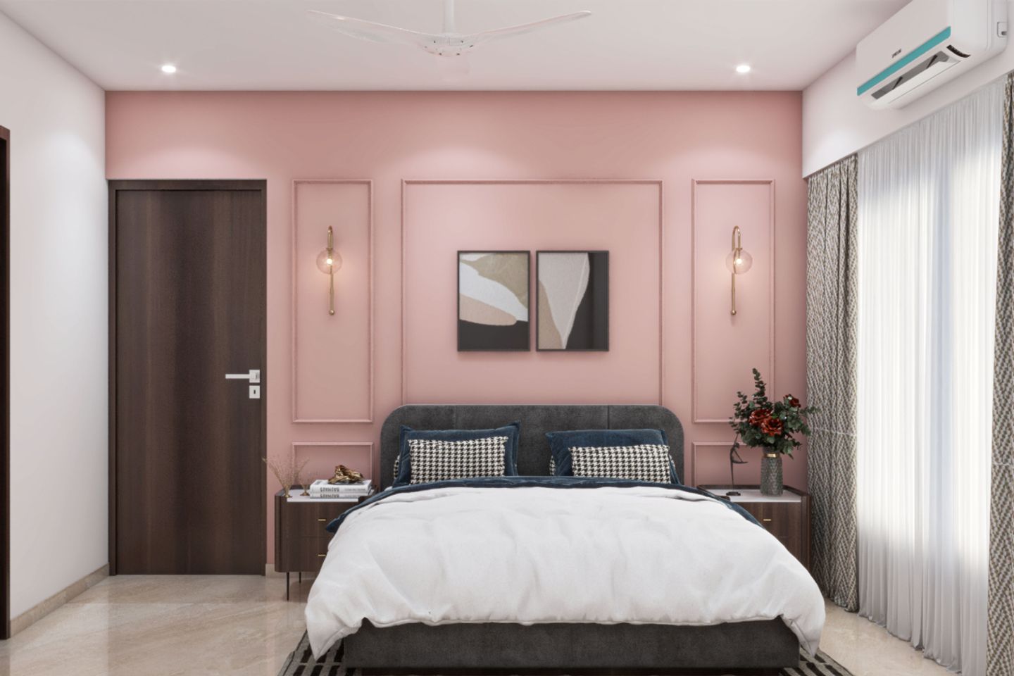 Spacious Master Bedroom Design With Pink Back Wall And Monochromatic ...