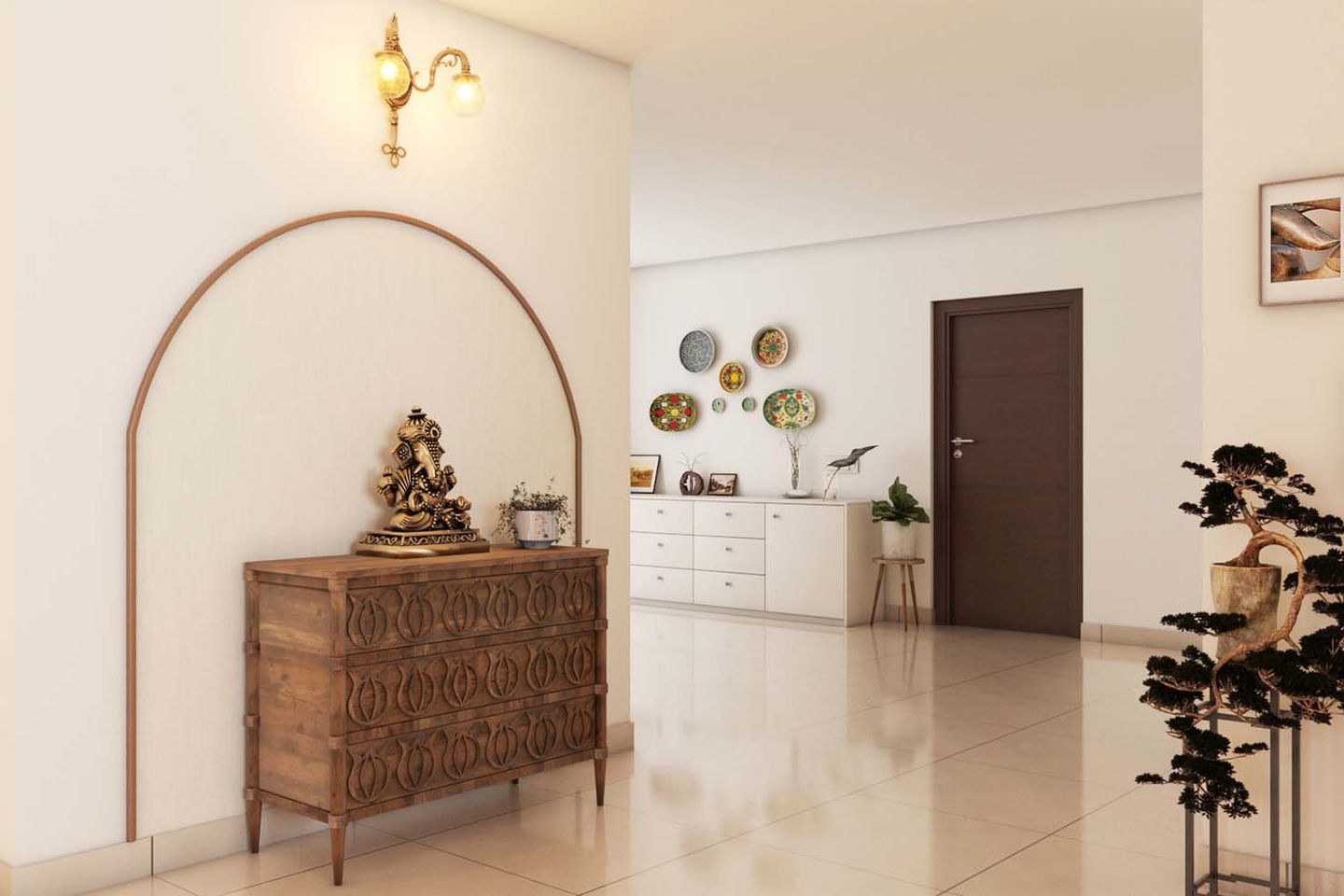 Traditional Pooja Unit with Chest of Drawers and Wooden Arch | Livspace