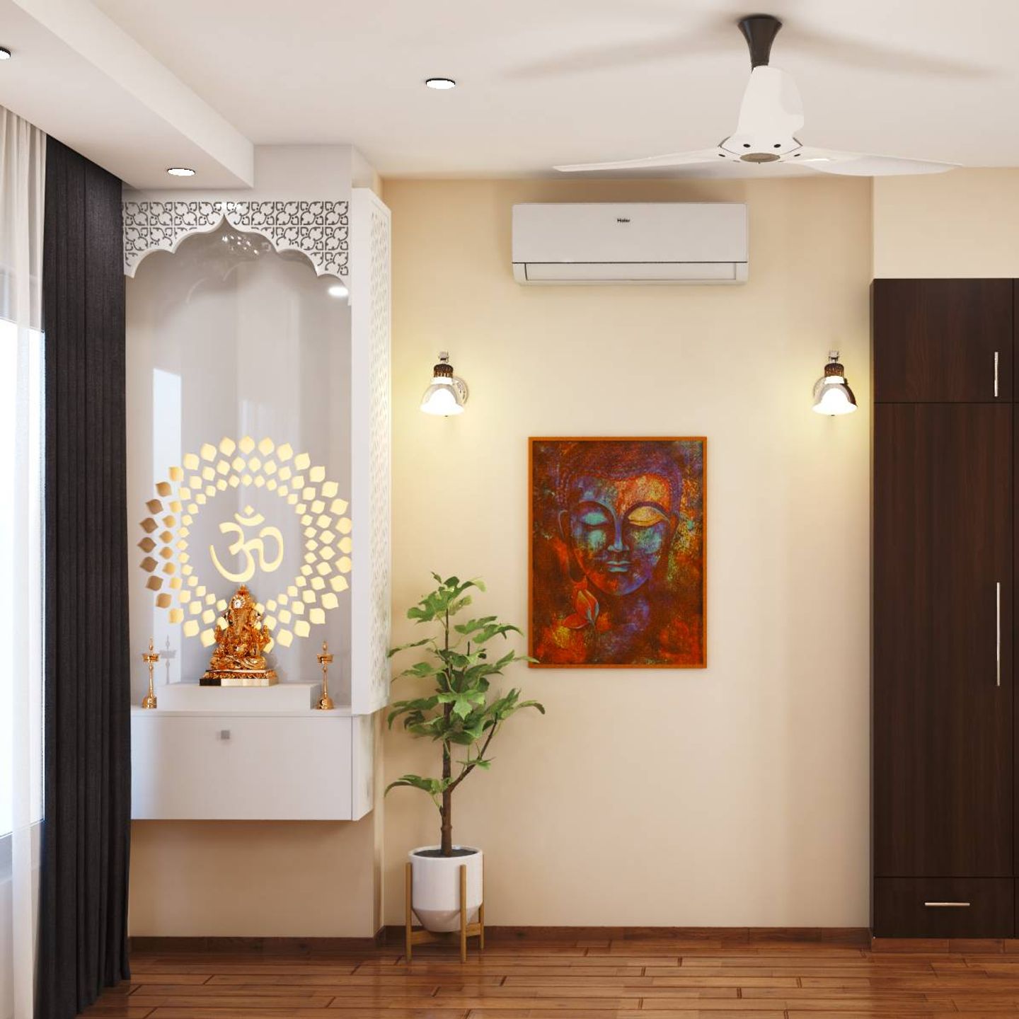 Compact Pooja Room Design With Planter | Livspace