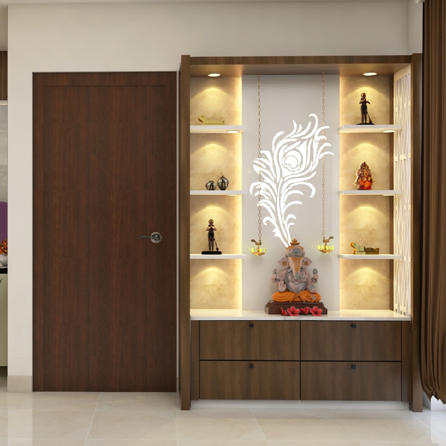 Compact Wooden Pooja Unit With Cream Laminated CNC Wall Panel | Livspace