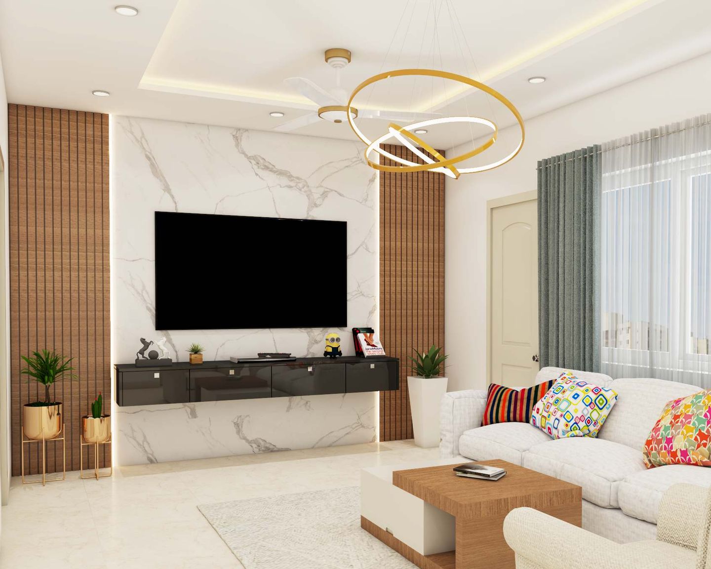 Contemporary TV Unit Design with Marble Wall Panel and Pendant Lights | Livspace