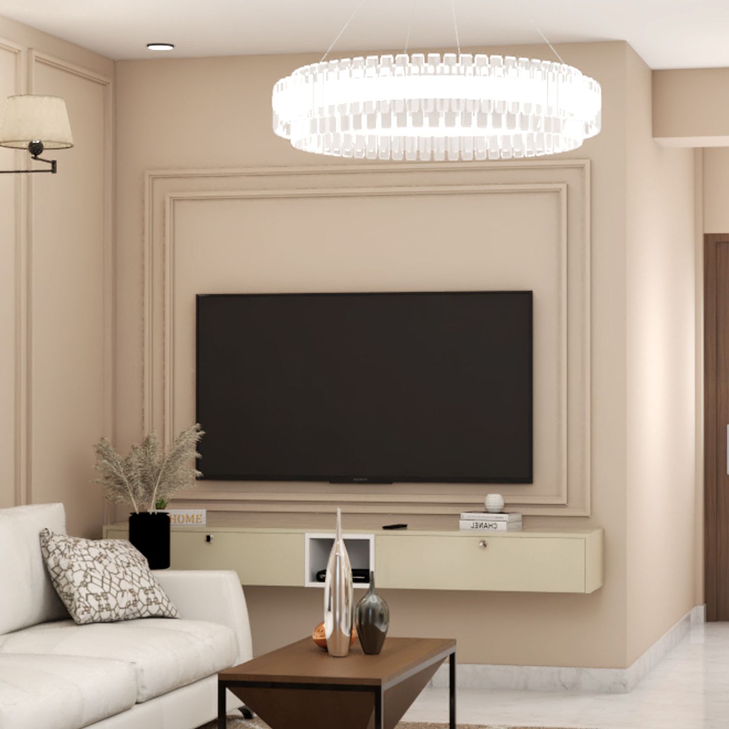 Modern Wall-Mounted TV Unit With Beige Toned Wall | Livspace