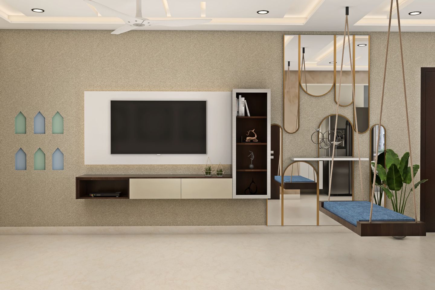 Modern TV Unit Design With Gold Framed Mirrors | Livspace