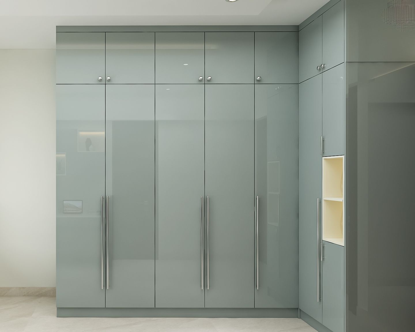 L-Shaped Glossy Grey Corner Wardrobe Design | Livspace L-Shaped Glossy Grey Corner Wardrobe Design | Livspace