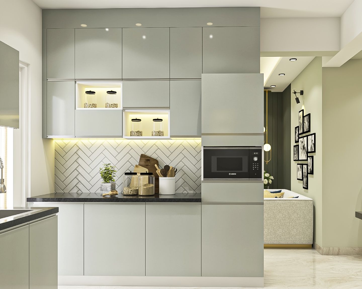 Metallic Blue Modular Open Kitchen Design | Livspace