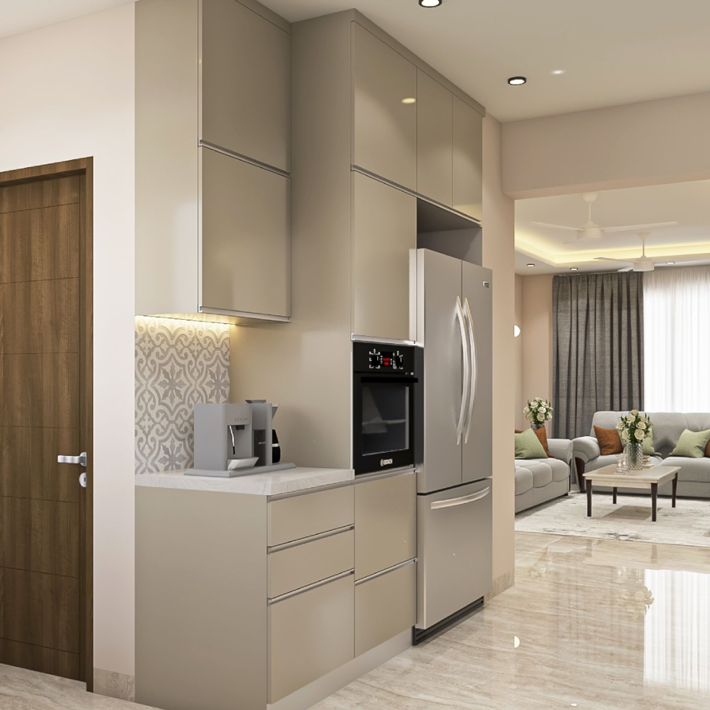 Modern Modular L Shape Kitchen Design In Pumic Grey Tones | Livspace