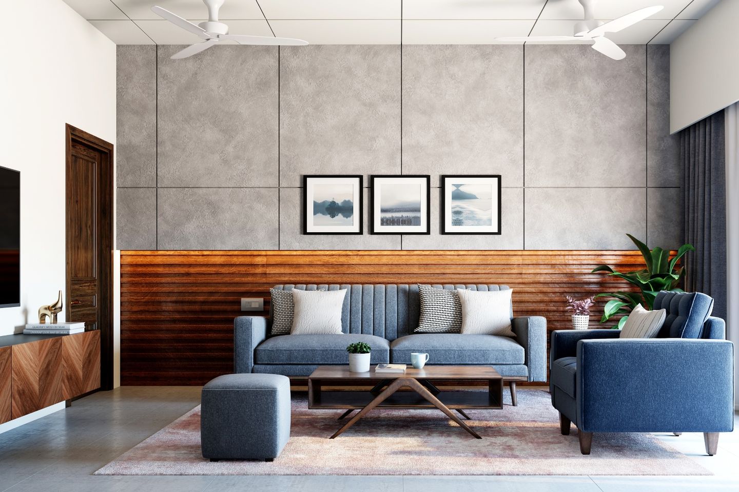 Living Room Design With Blue 3-Seater Sofa And Wooden Wall Panel ...