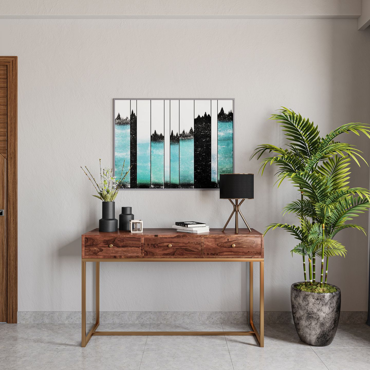 Simple and Elegant Foyer with Wall Painting and Wooden Desk | Livspace