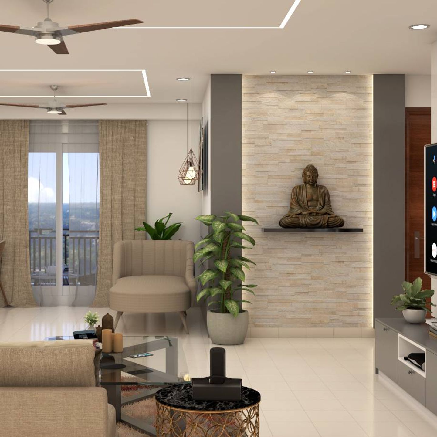 Spacious Foyer Design With Stone Wall | Livspace