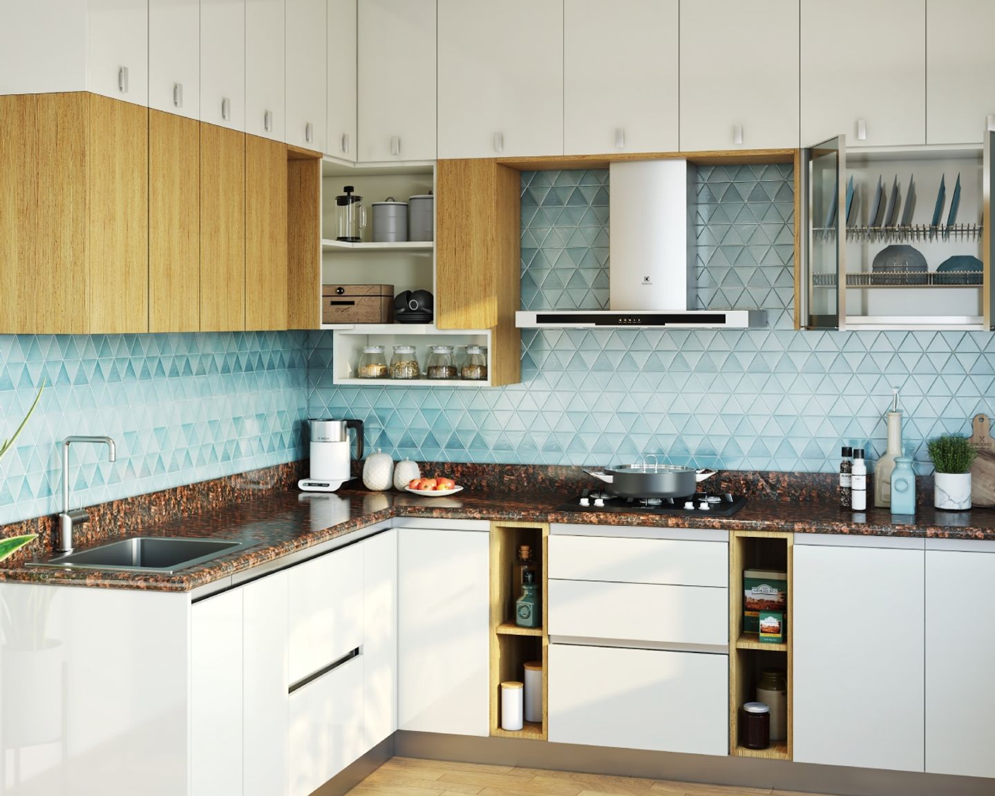 Blue Geometric Kitchen Tile Design With Coastal Aesthetics | Livspace