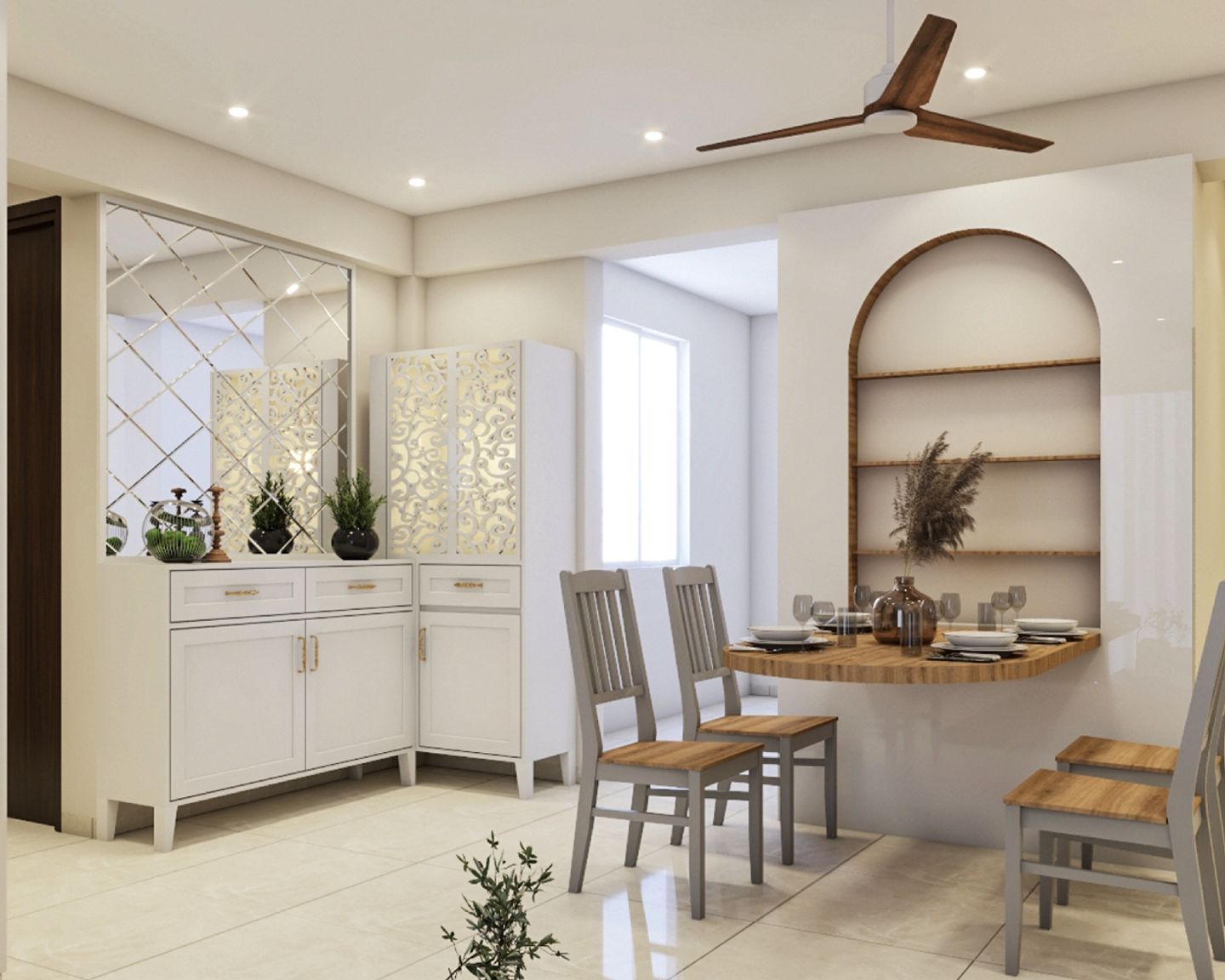 4-Seater Grey And Wood Foldable Dining Room Design With White Storage ...