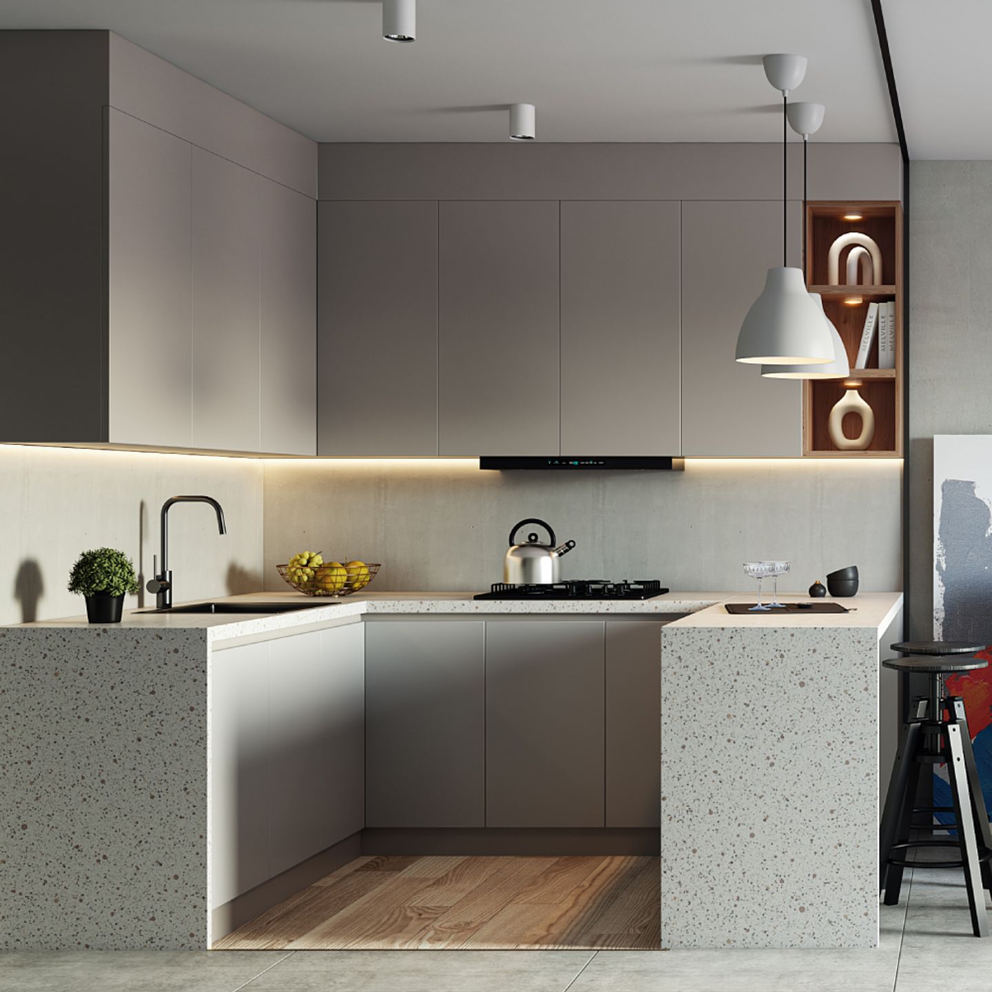 Beige And White U-Shaped Kitchen Design With Off-White Backsplash ...