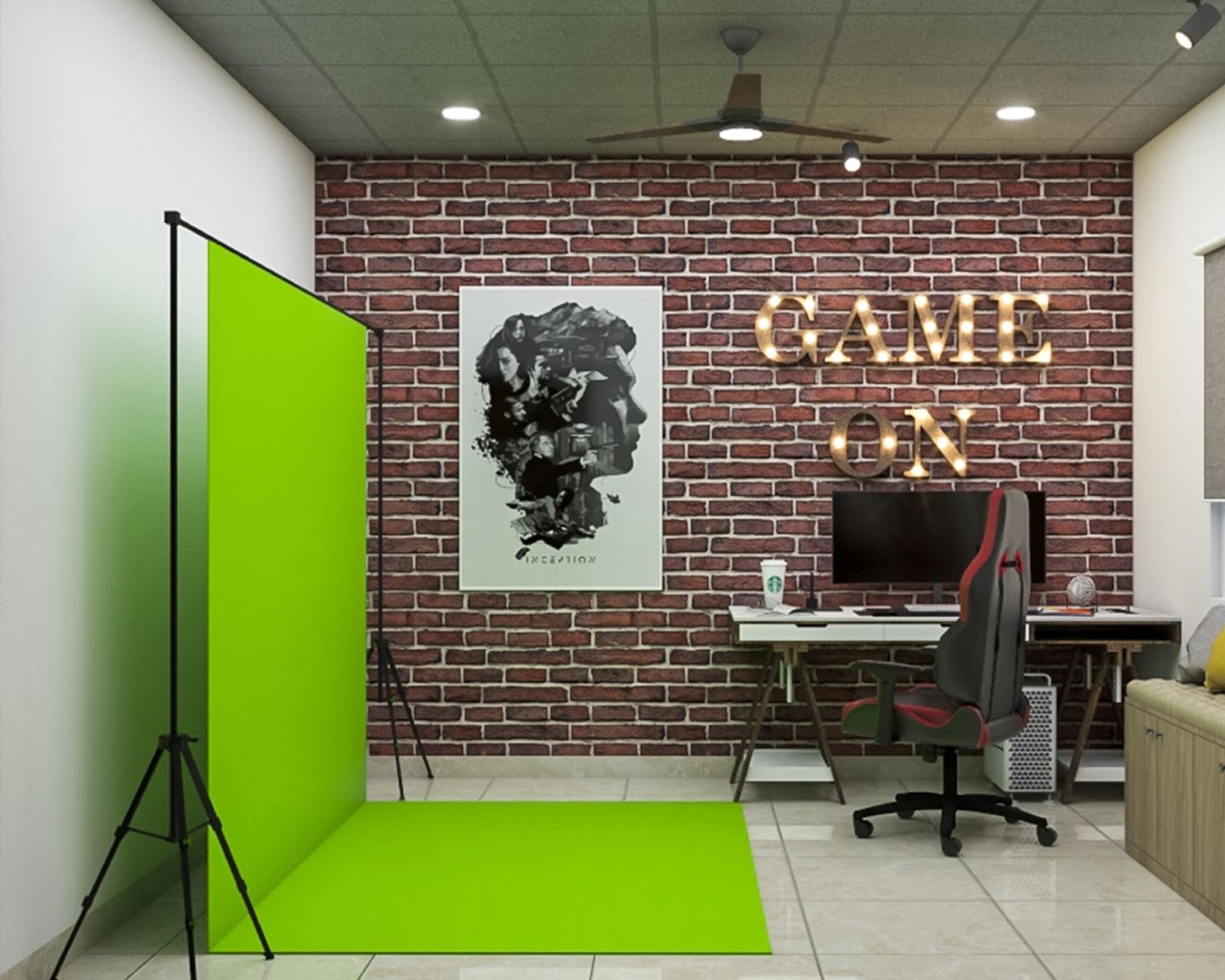 Home Office Design With Red Brick Accent Wall And Wooden Wall Wording ...