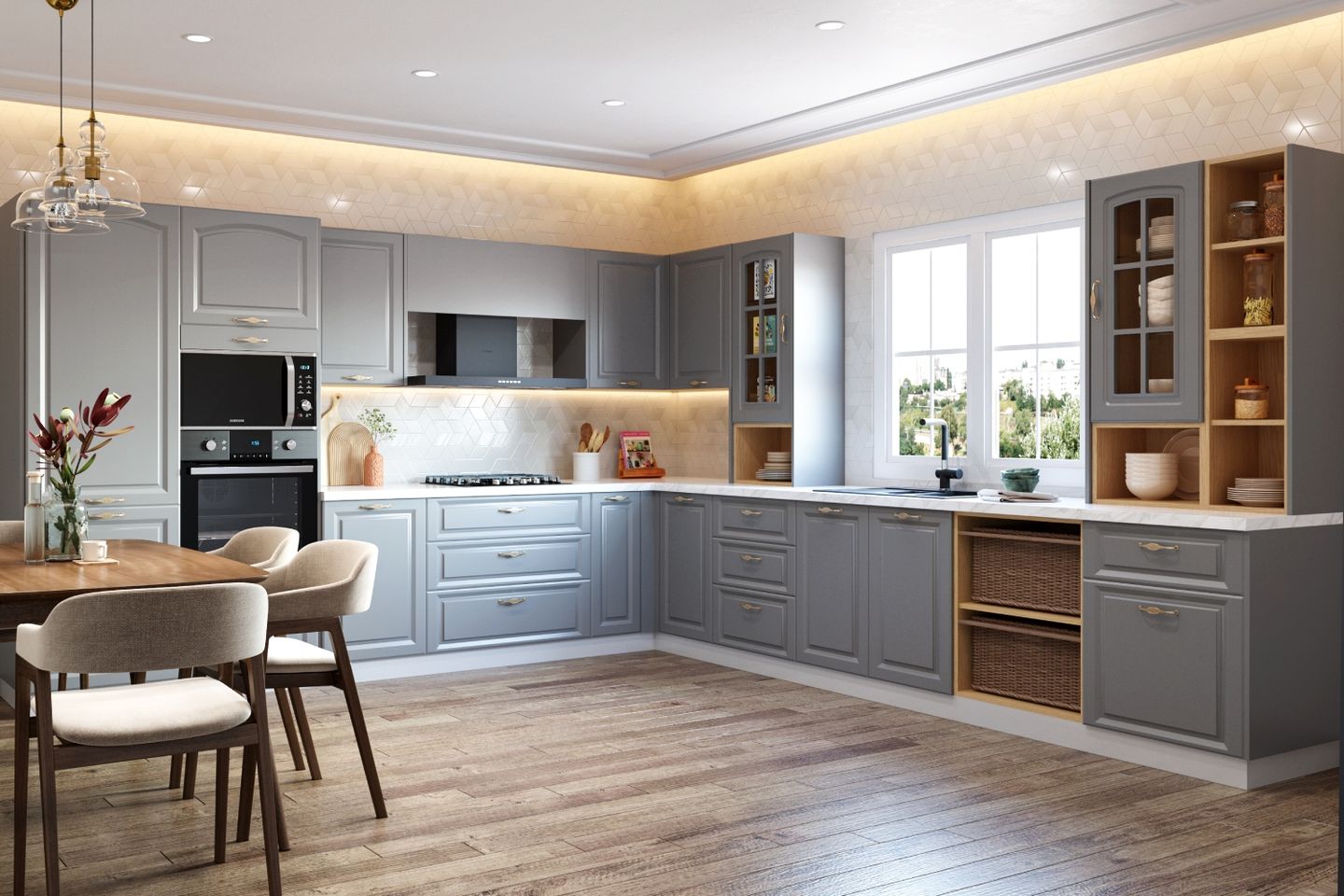 Grey Modular L-Shape Kitchen Cabinet Design With Dining Table And ...