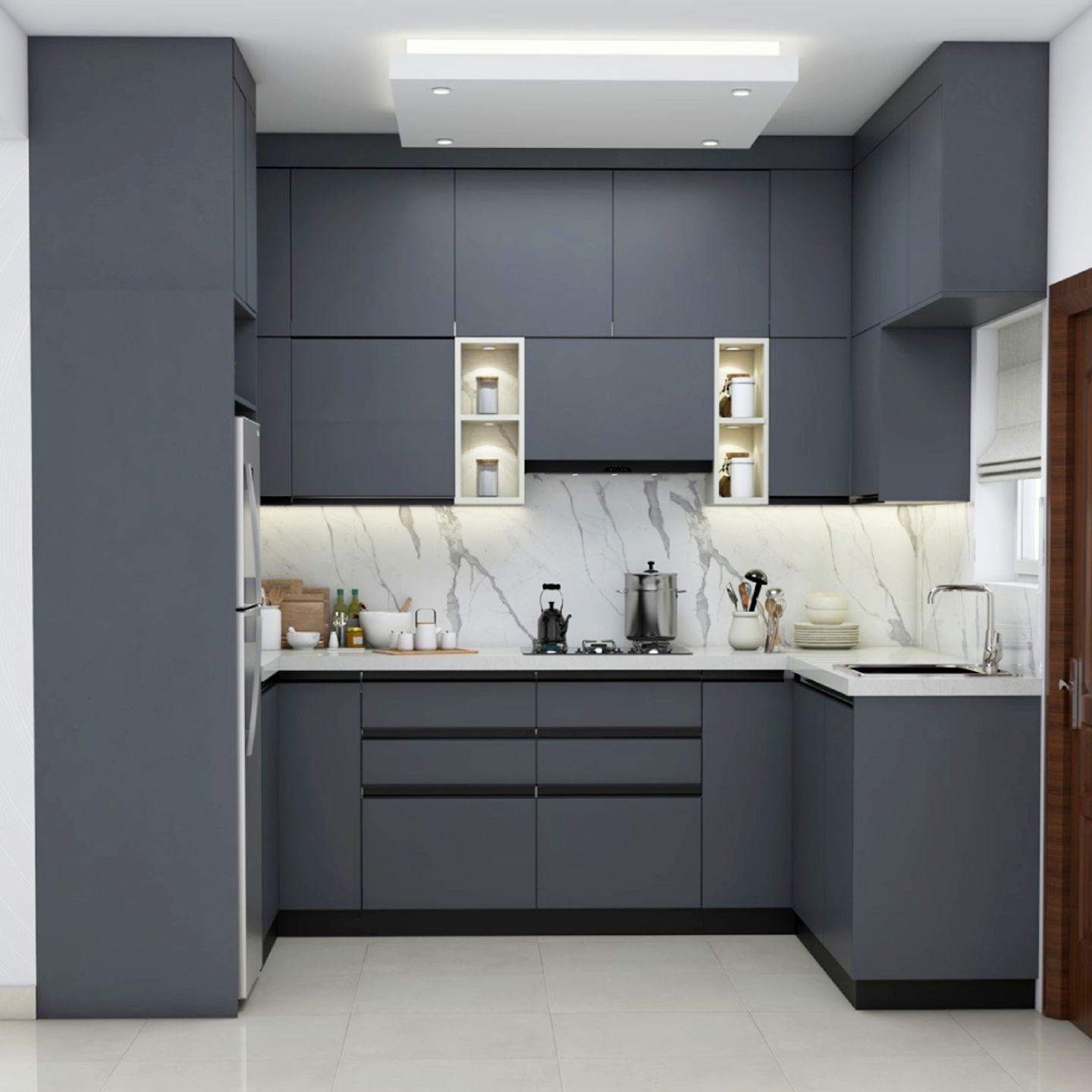 U-Shaped Grey Modular Kitchen Design With Marble Backsplash | Livspace