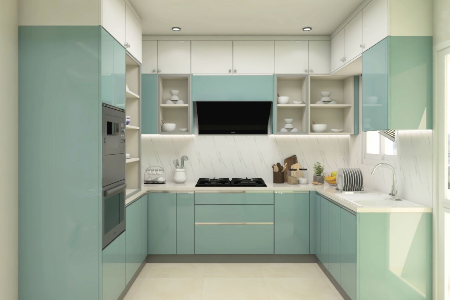 Light Blue And White U-Shaped Kitchen Design With White Backsplash ...