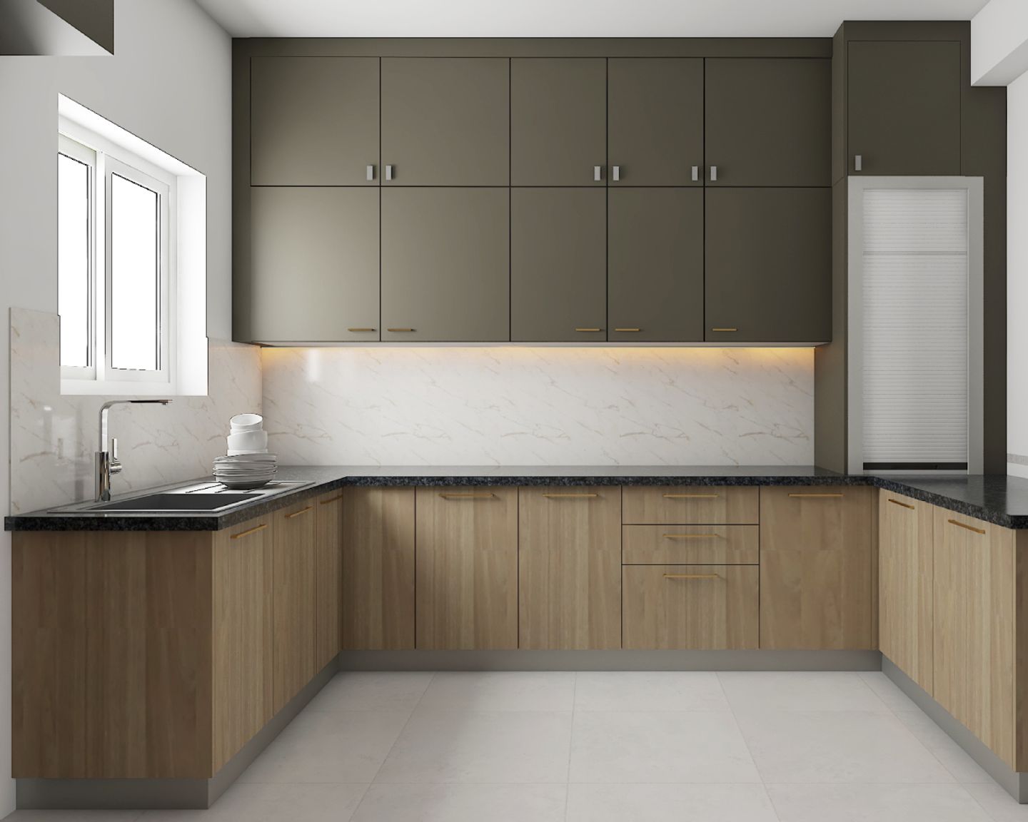 Wood And Green Modular Kitchen Design With Aluminium Rolling Shutters ...