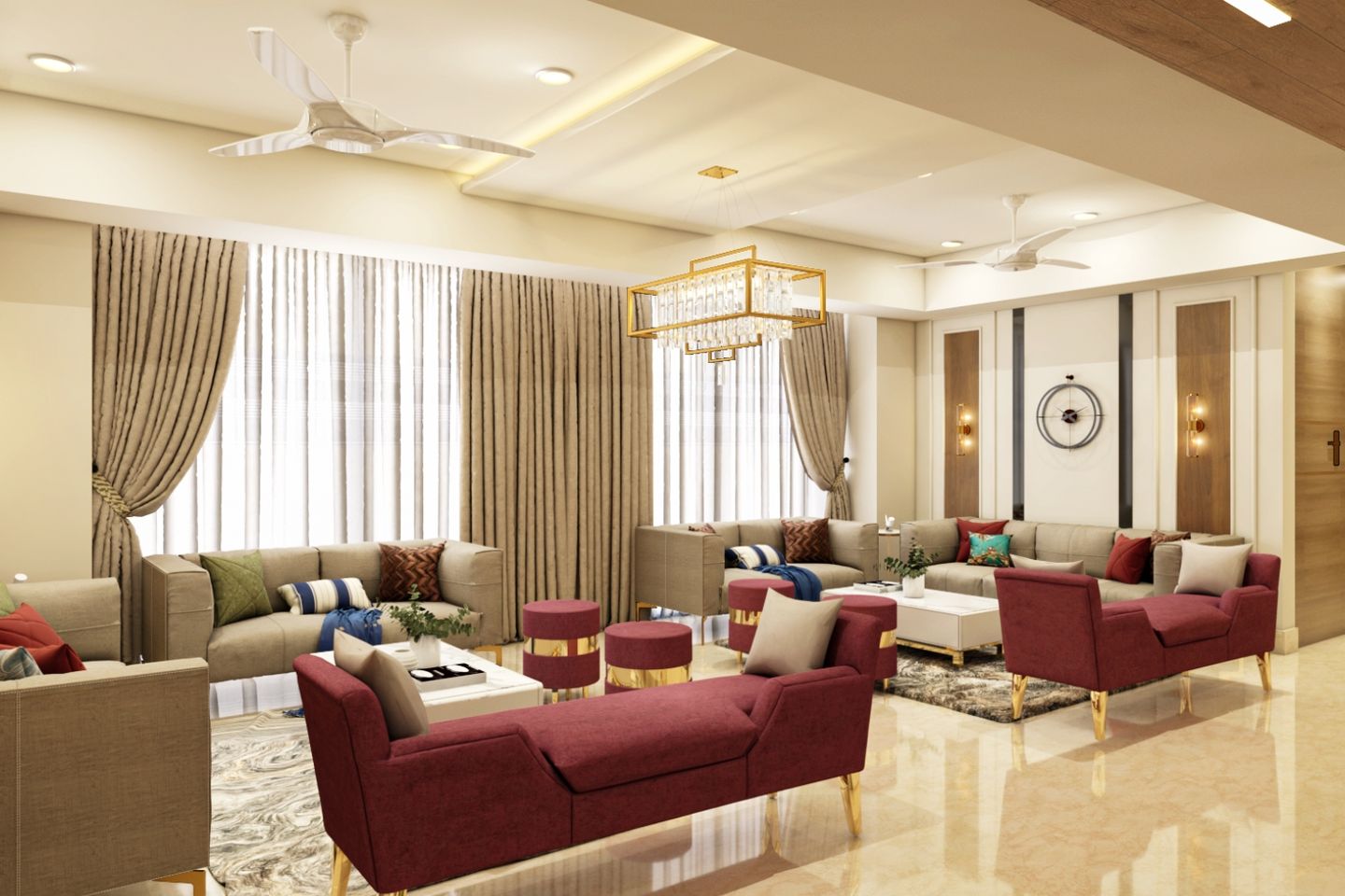 Beige And Maroon Spacious Living Room Design With Two Sofa Sets | Livspace