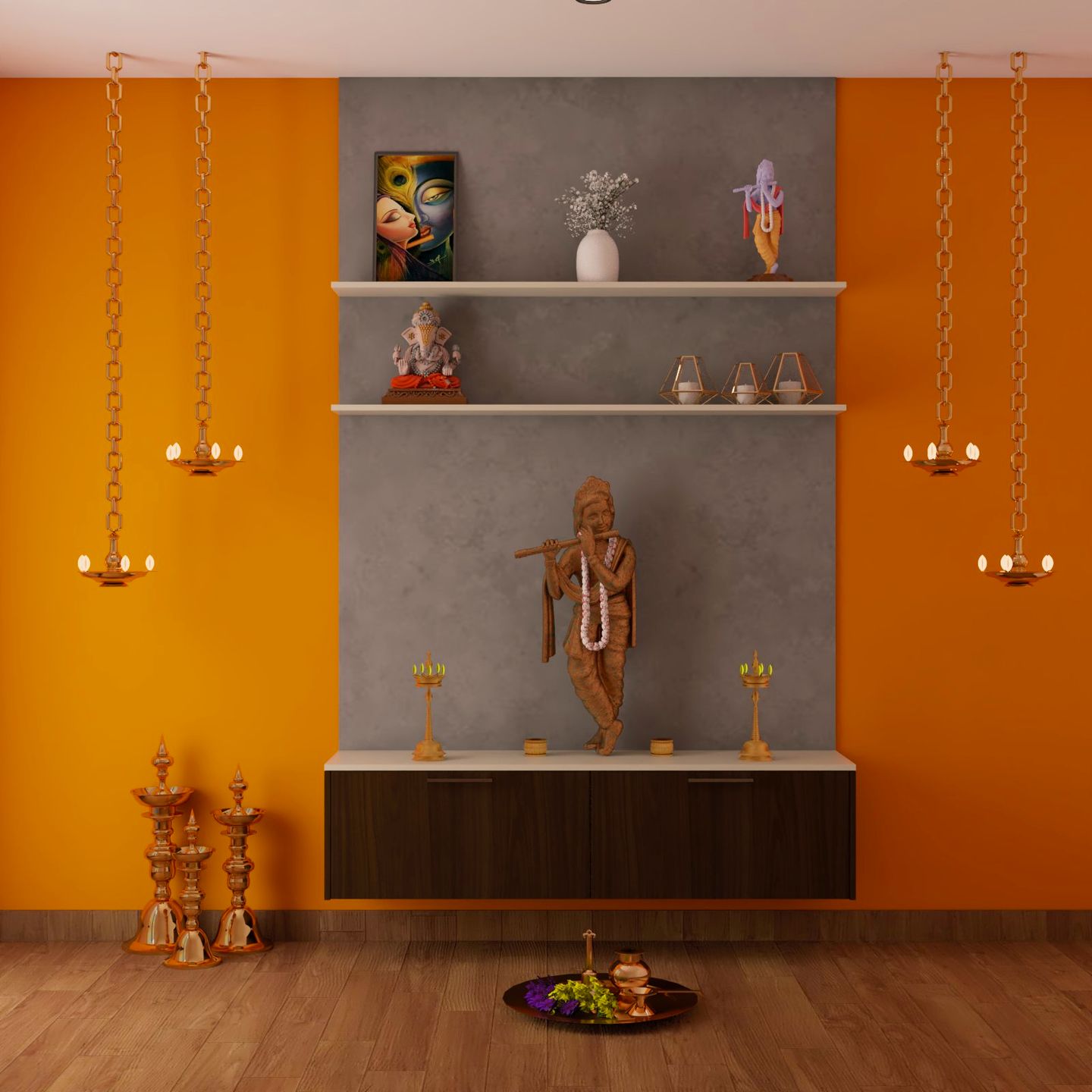 Traditional Yellow Pooja Room Design With Wooden Drawer Storage | Livspace