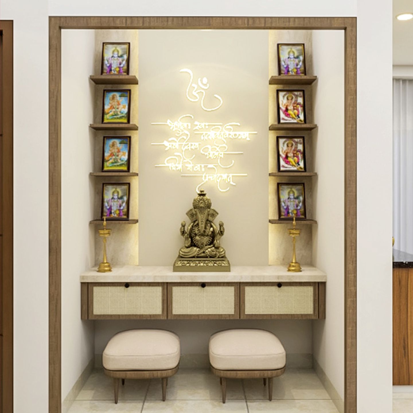 Cream And Wood Mandir Design With Drawer Storage And Wooden Wall ...