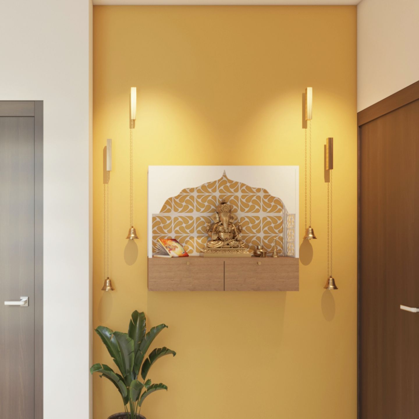 Wood And White Mandir Unit With Art Deco Aesthetics And Mustard Yellow ...