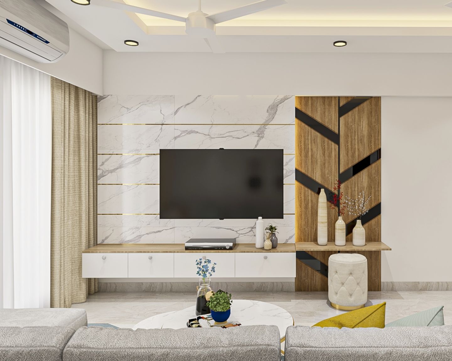 Spacious TV Unit Design With White And Champagne-Toned Console And Dual ...
