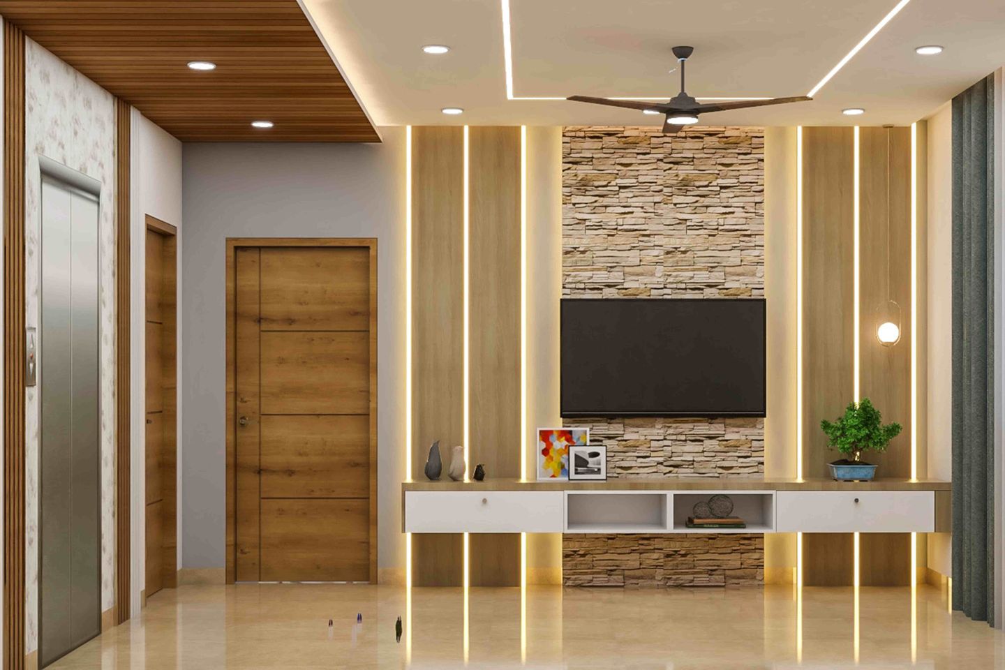 Spacious Double False Ceiling Design In Wood And White Gypsum | Livspace