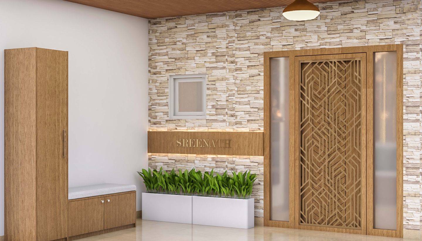 Entryway Foyer Design With L-Shaped Storage Unit And Seating | Livspace