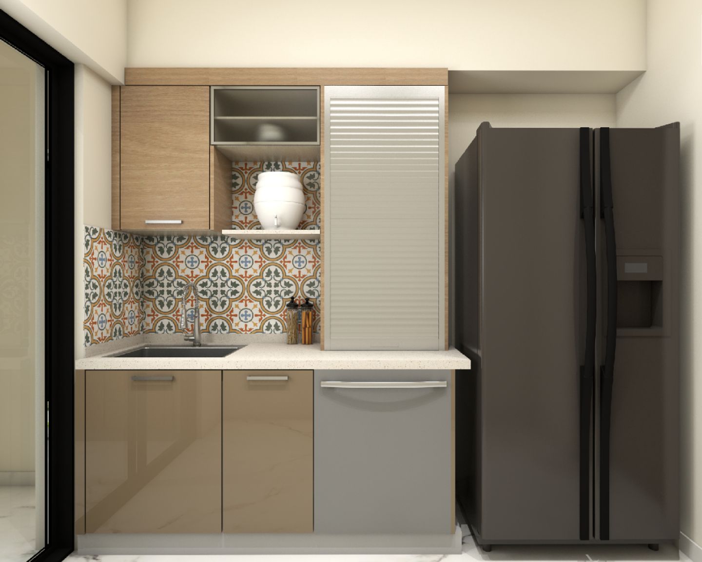 Compact Kitchen Design With Closed Storage Cabinets And A Wicker Basket ...