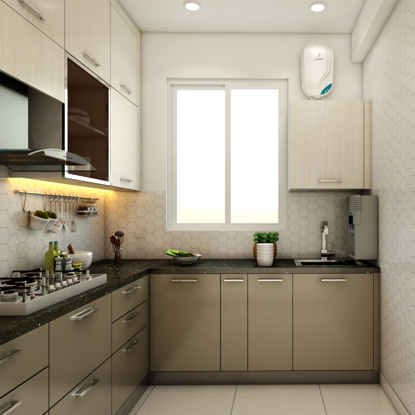 Compact Kitchen Design With Hexagonal Wall Dado Tiles | Livspace