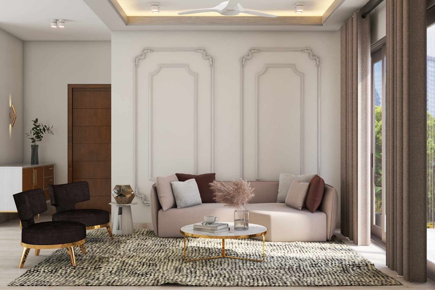 Spacious Living Room Design With A Black Upholstered Single-Seater Sofa ...