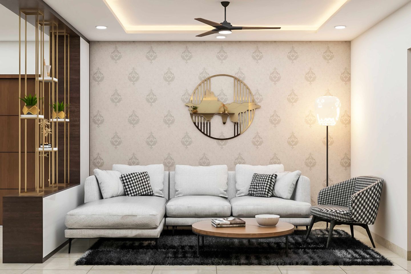 Spacious Living Room Design With A Floor Lamp And Patterned Wallpaper | Livspace
