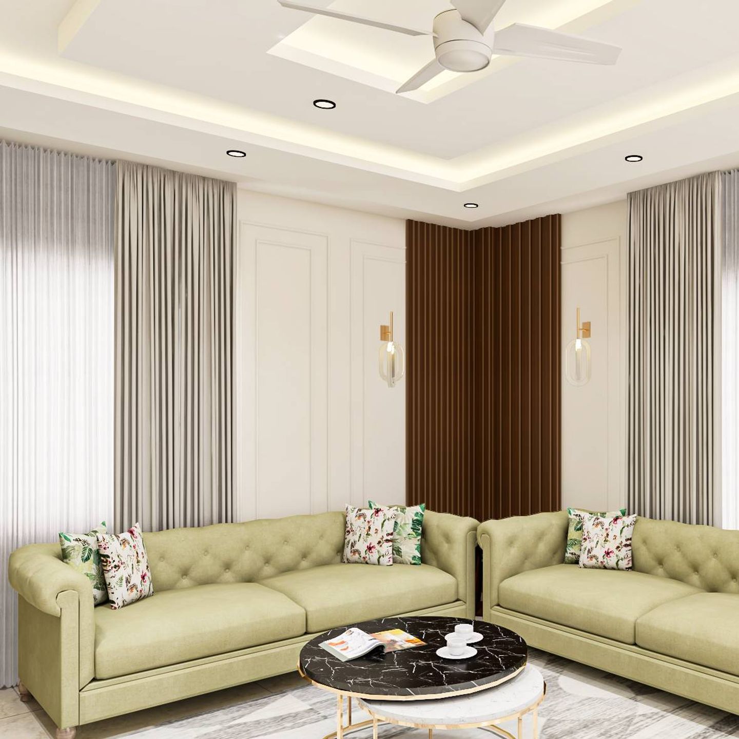 Spacious Living Room Design With Wooden Wall Panelling | Livspace