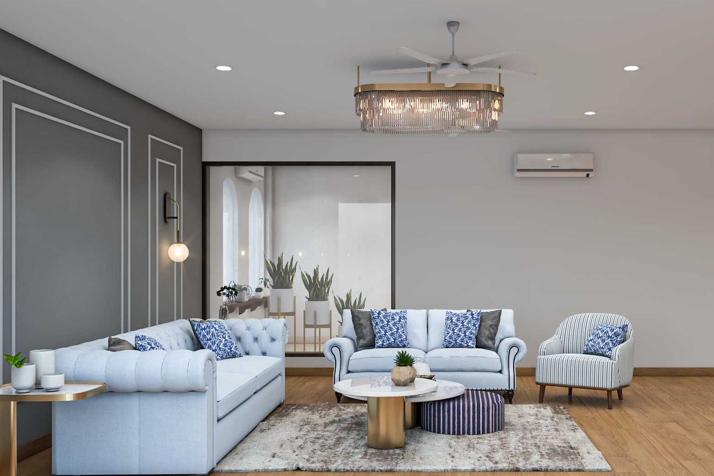 Spacious Living Room Design With An Oval-Shaped Chandelier | Livspace