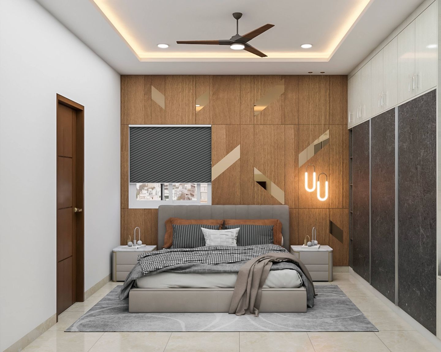 Spacious Master Bedroom Design With Grey Tufted Bed And Sliding Door ...