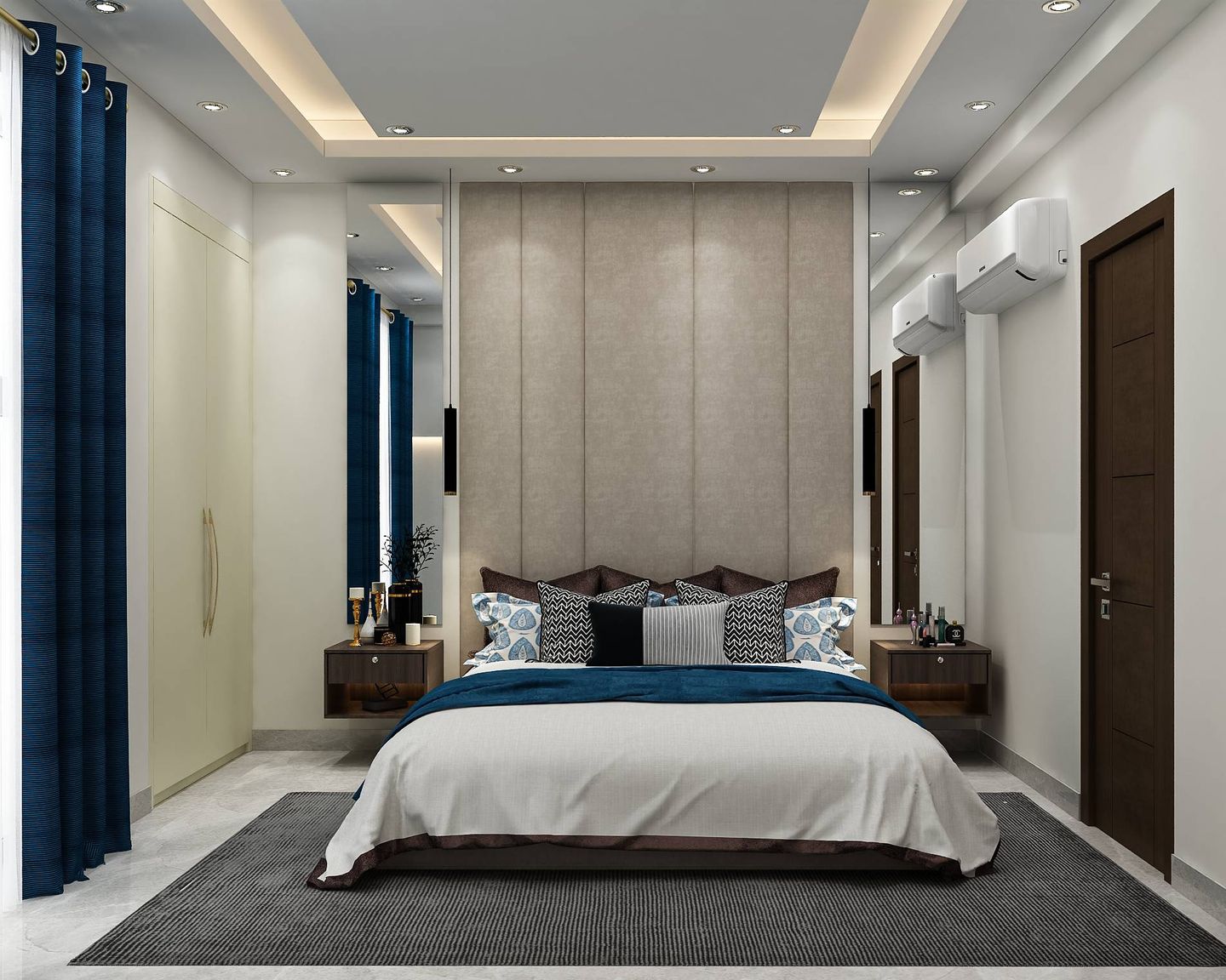 Compact Bedroom Design With A Floor-To-Ceiling Headboard | Livspace