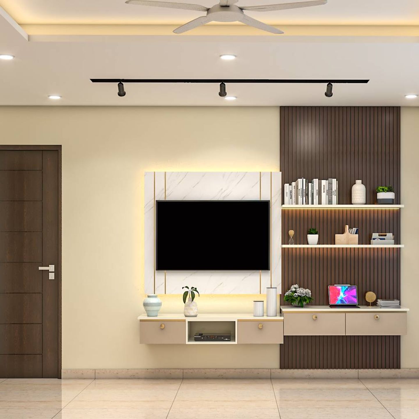 Spacious TV Unit Design In Light Beige | Livspace